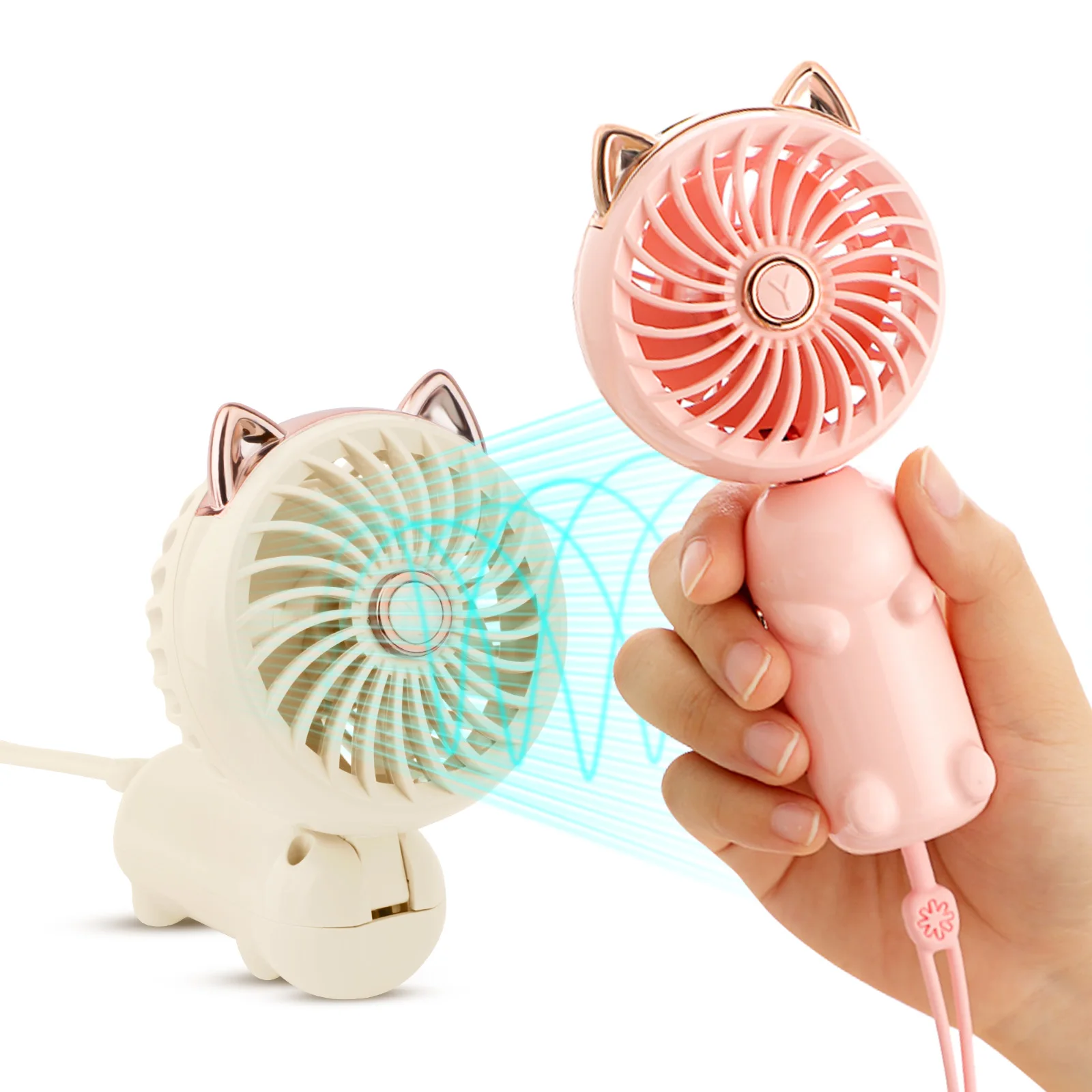 Cat Ear Portable Handheld Fan Foldable Fan With Lanyard USB Electric ...