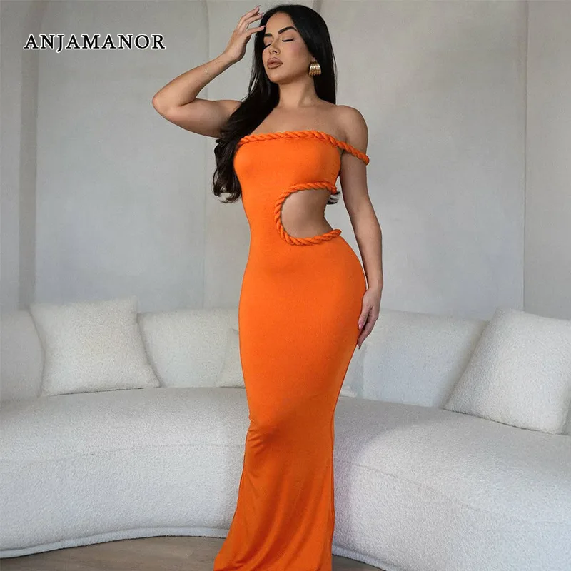 ANJAMANOR Twisted Off Shoulder Cutout Maxi Dress Summer 2025 Sexy Club ...