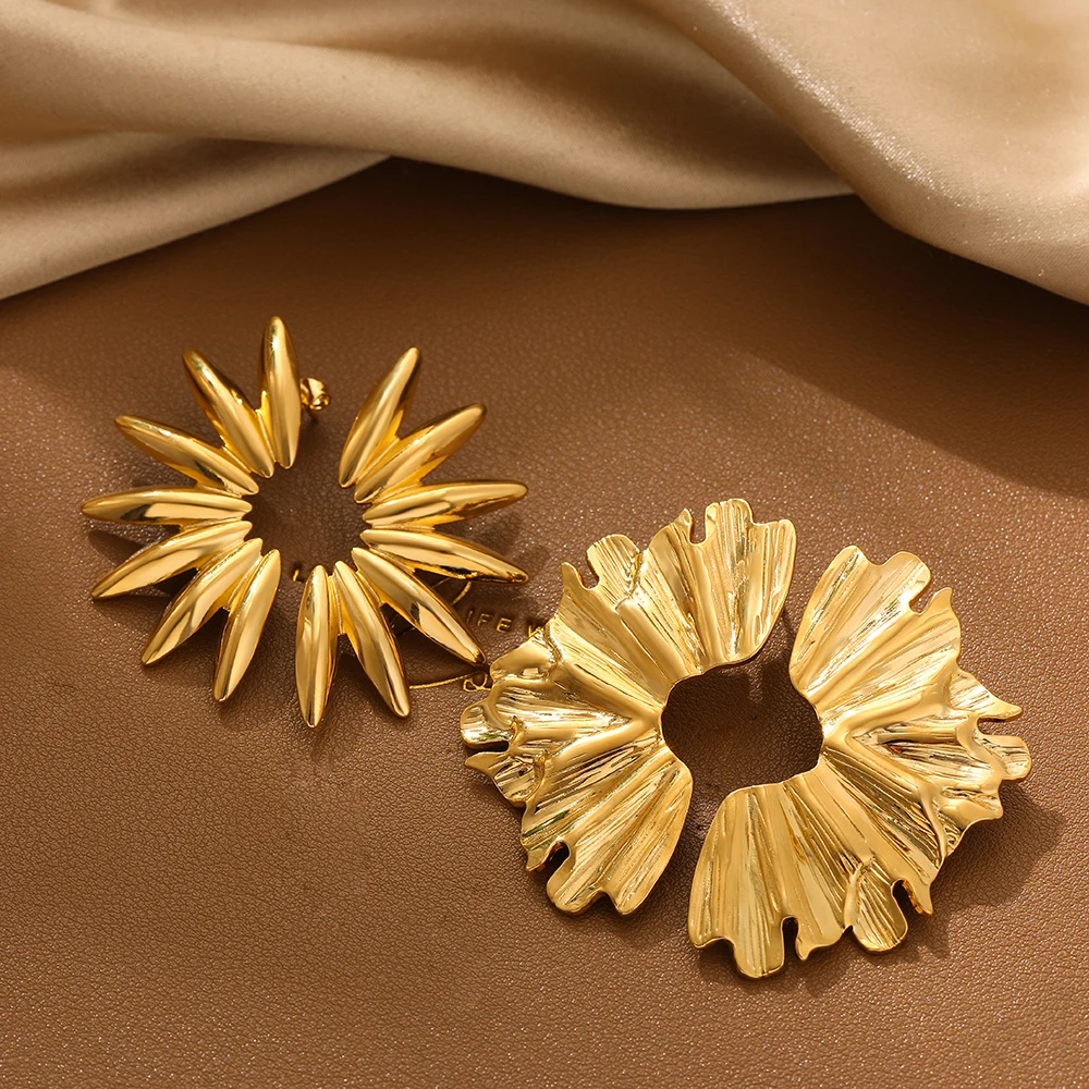 Punk-Exaggerated-Gold-Plated-Wrinkled-Leaf-Earrings-For-Women-Symmetric ...