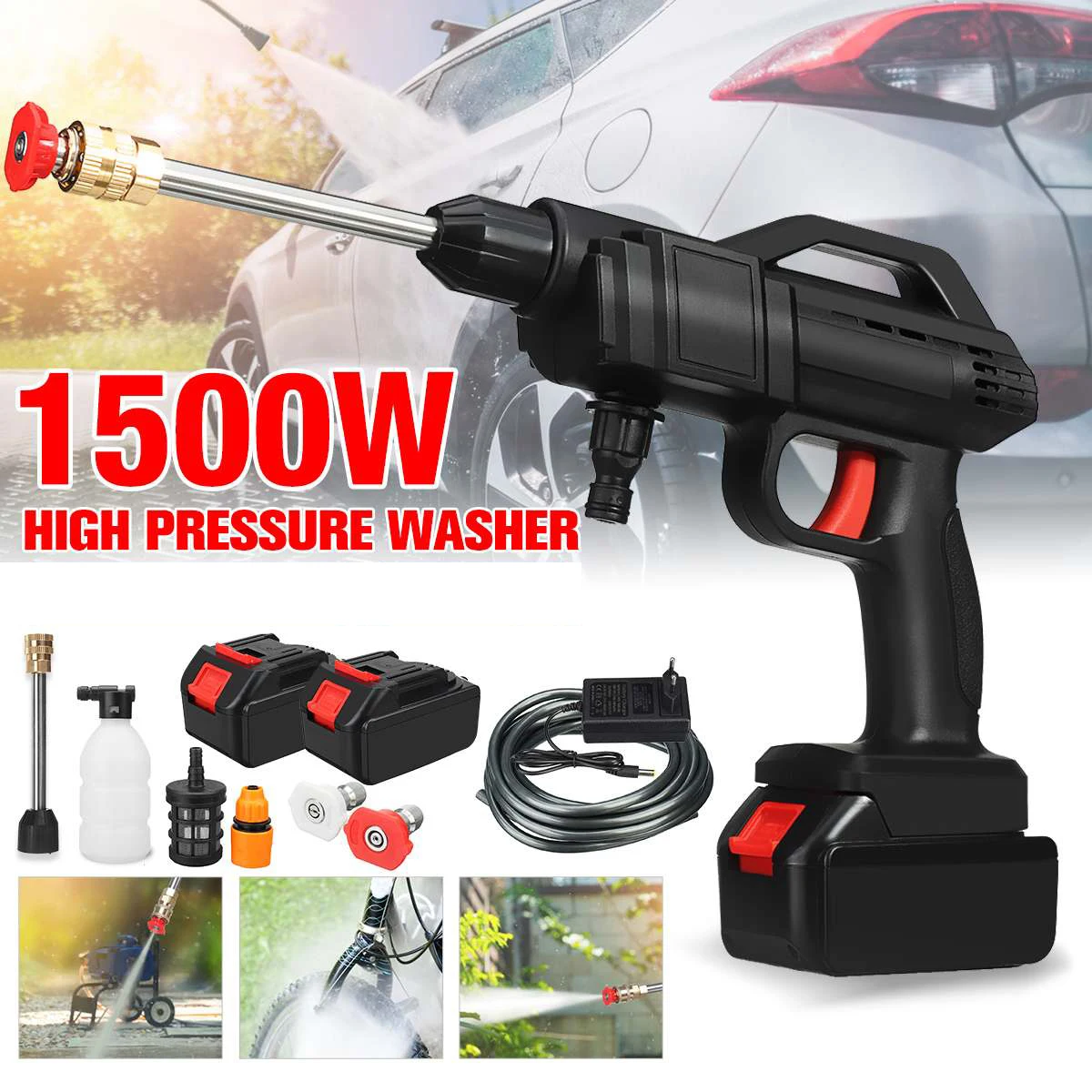 New 1500W Car Washer Electric Cordless Pressure Spray Water Gun Cleaner ...