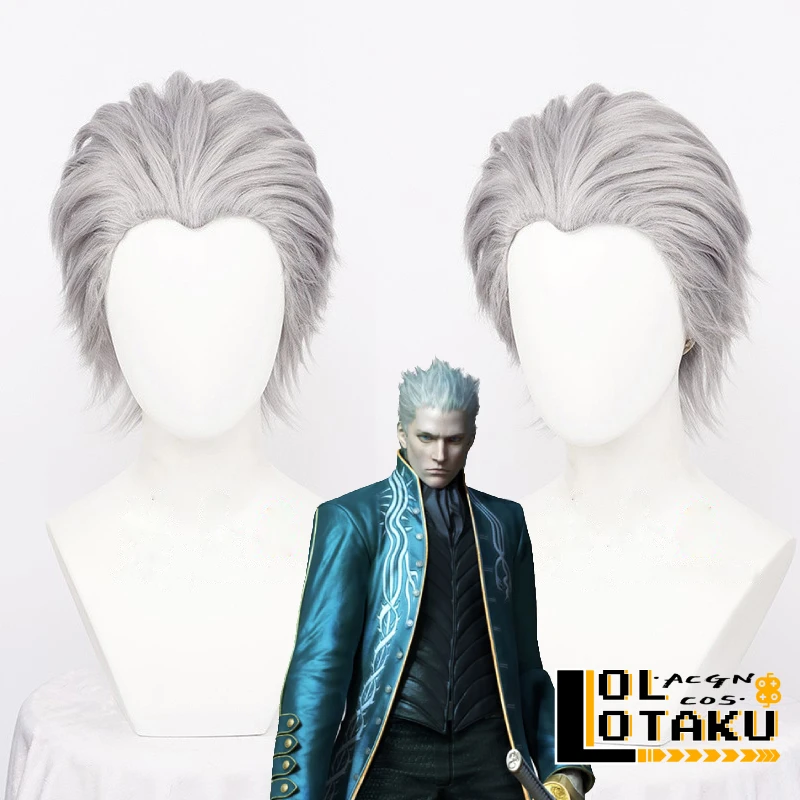 Vergil Cosplay Wig DMC Gray Short Slicked Back Synthetic Hair Heat ...