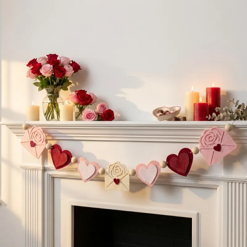 2026 Red Pink Heart Felt Flower Garland Banner for Valentine’s Day ...