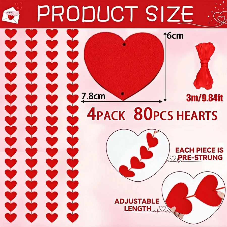 1-8Pack 3M Red Hearts Garland DIY Valentines Day Hanging String Garland ...