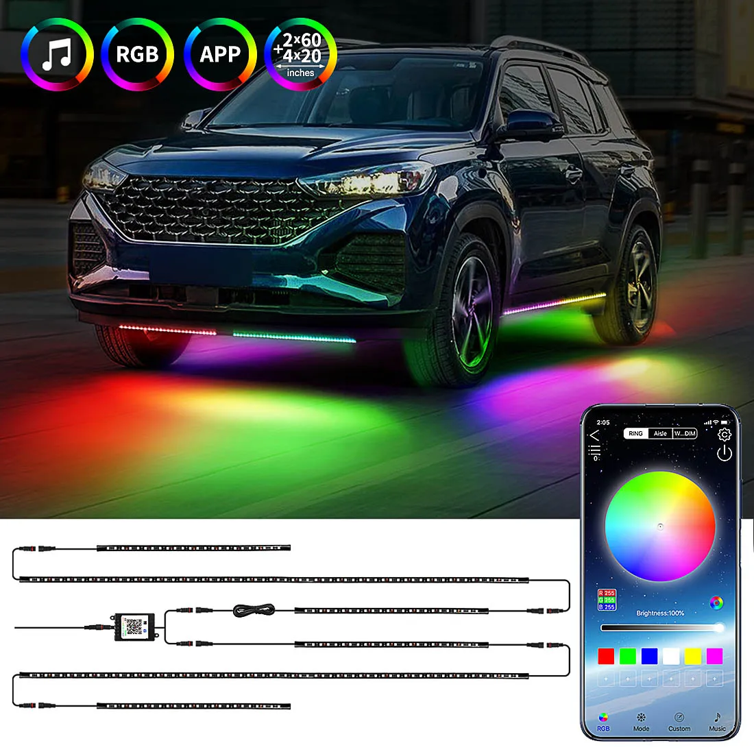 Flowing-Color-RGB-LED-Strip-Under-Car-Neon-Light-60-150-90-180-BT-App ...
