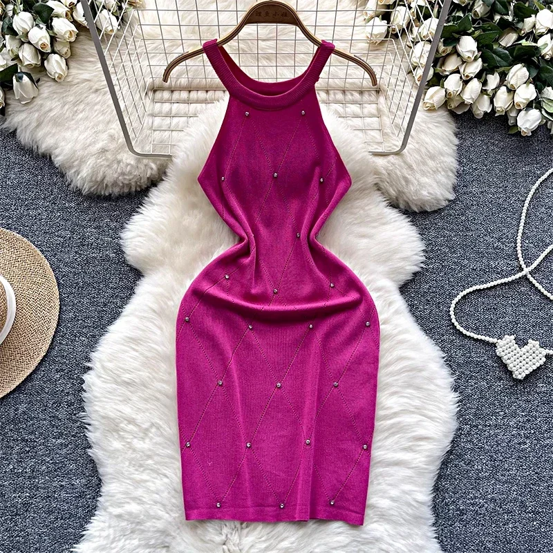 Beading Halter Women's Knitting Sheath Tank Dress Female Bodycon ...
