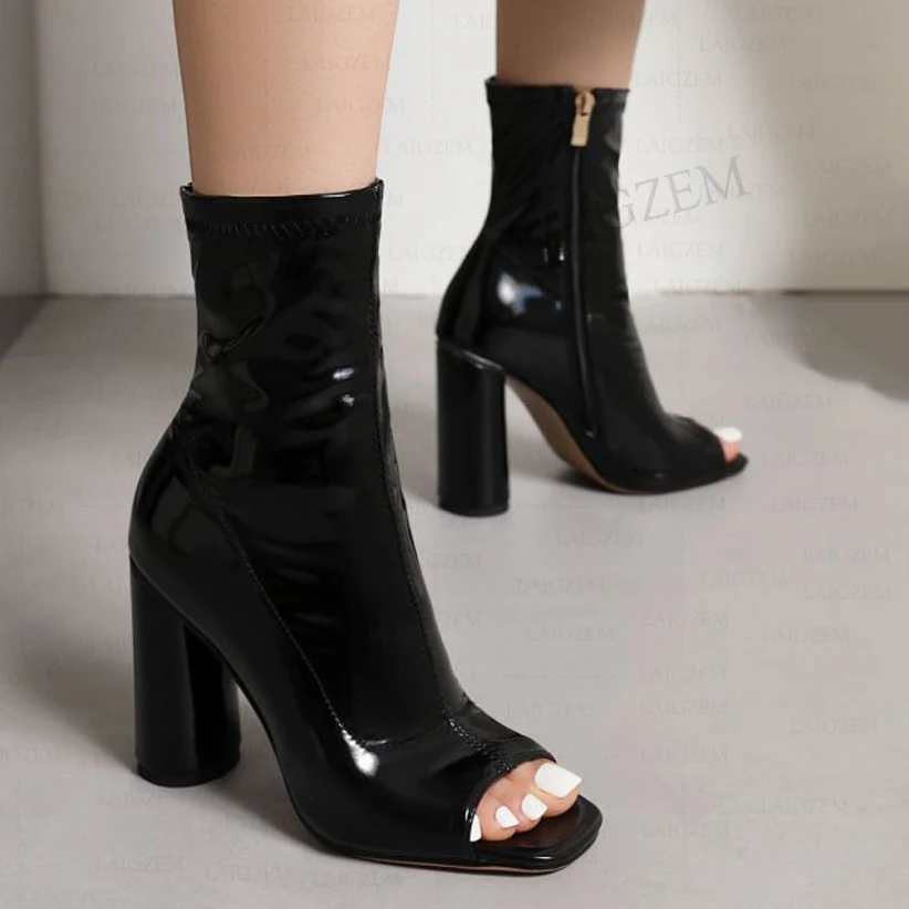 LAIGZEM-Women-Ankle-Boots-Side-Zip-Peep-Toe-Thick-High-Heels-Summer ...