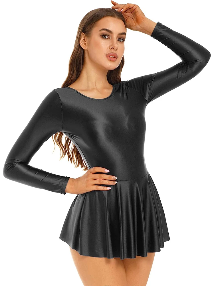 Women-s-Long-Sleeve-Leotard-Dance-Skirted-Bodysuits-Glossy-silky-one ...