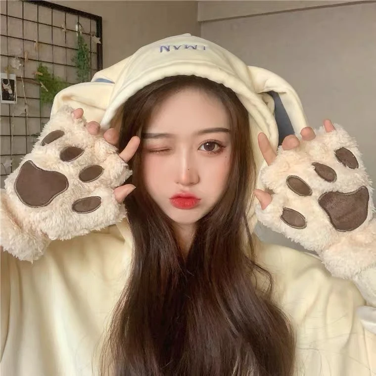 Fashion Cat Paw Half Finger Gloves Soft Plush Thicken Mittens Exposed ...