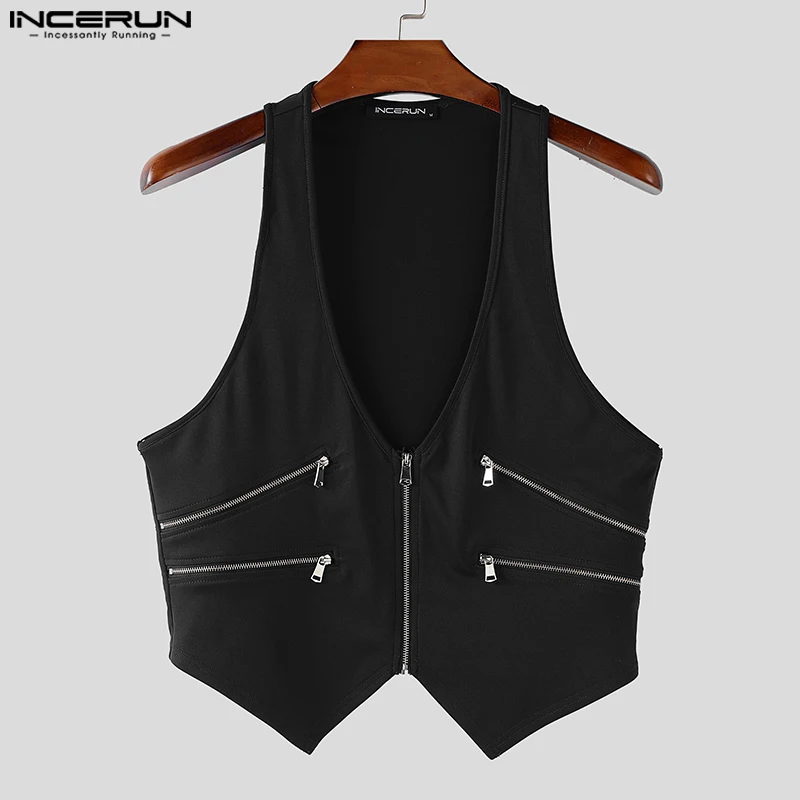 INCERUN Men Tank Tops Solid Color Deep V Neck Sleeveless Zipper Male ...