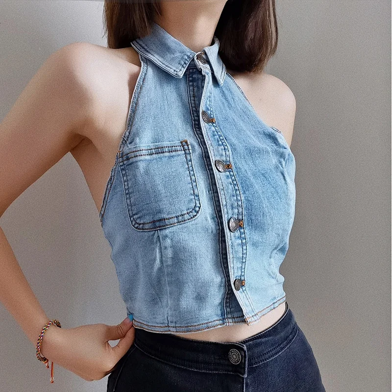 Sleeveless Denim Sexy Tank Top | Sexy Denim Tops Ladies | Denim Crop ...