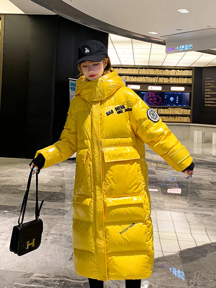 Glossy Down Jackets Women Winter Warm Long Parka Hooded Winter Coat ...