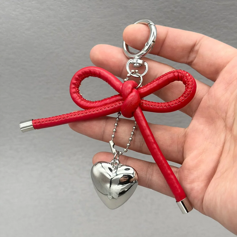 Korean Fashion Red PU Leather Bow Heart Charms Keychain for Women Y2K ...