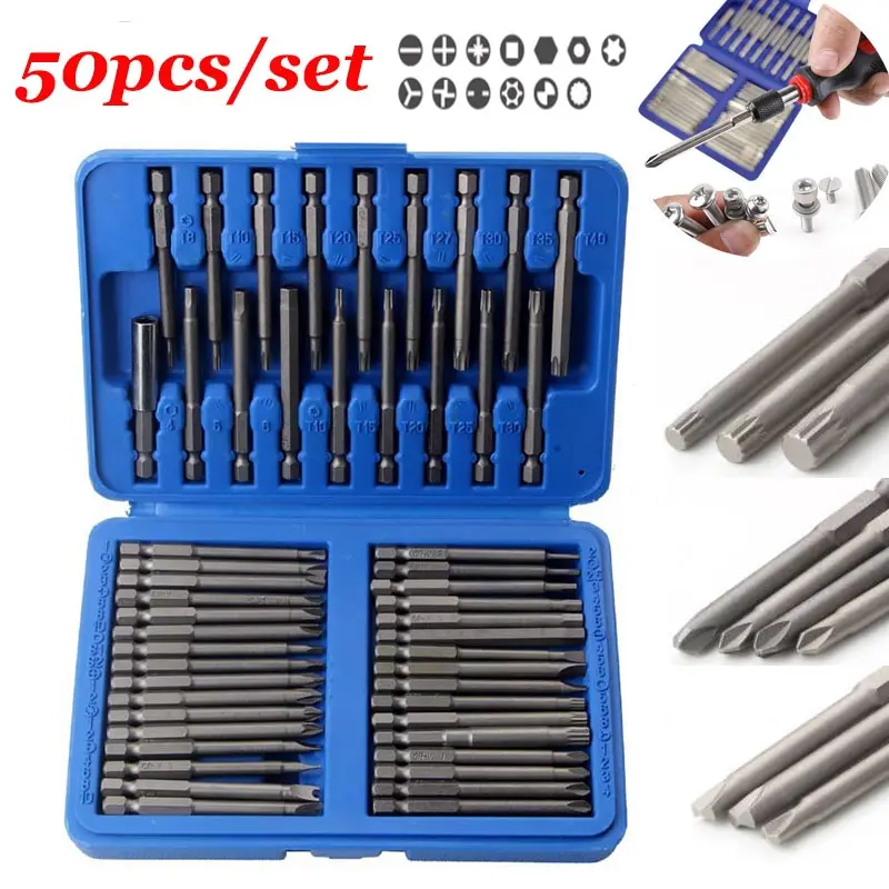 50pcs-75mm-Extra-Long-Reach-Bit-Set-Security-Screwdriver-Bits-Torx-Star-Hex-Bit-Multifunctional ...