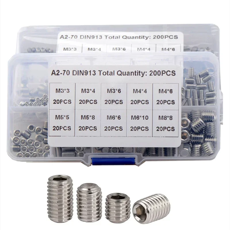 200pcs-Hex-Hexagon-Socket-Set-Screw-Flat-Point-Grub-Screw-Assortment ...