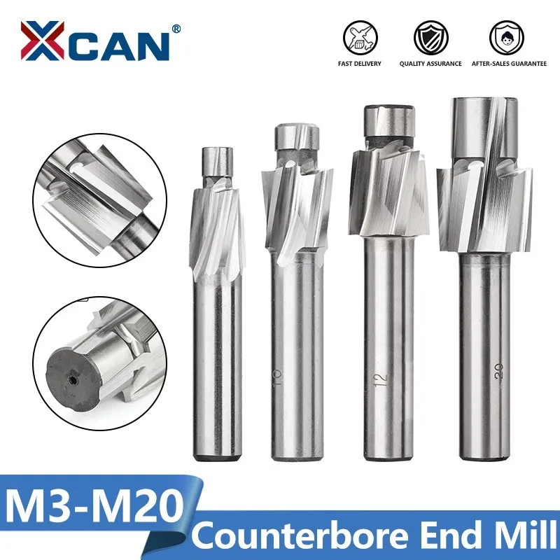 XCAN-1pc-HSS-Counterbore-End-Mill-M3-2-M20-4-Flute-Pilot-Slotting-Bit ...