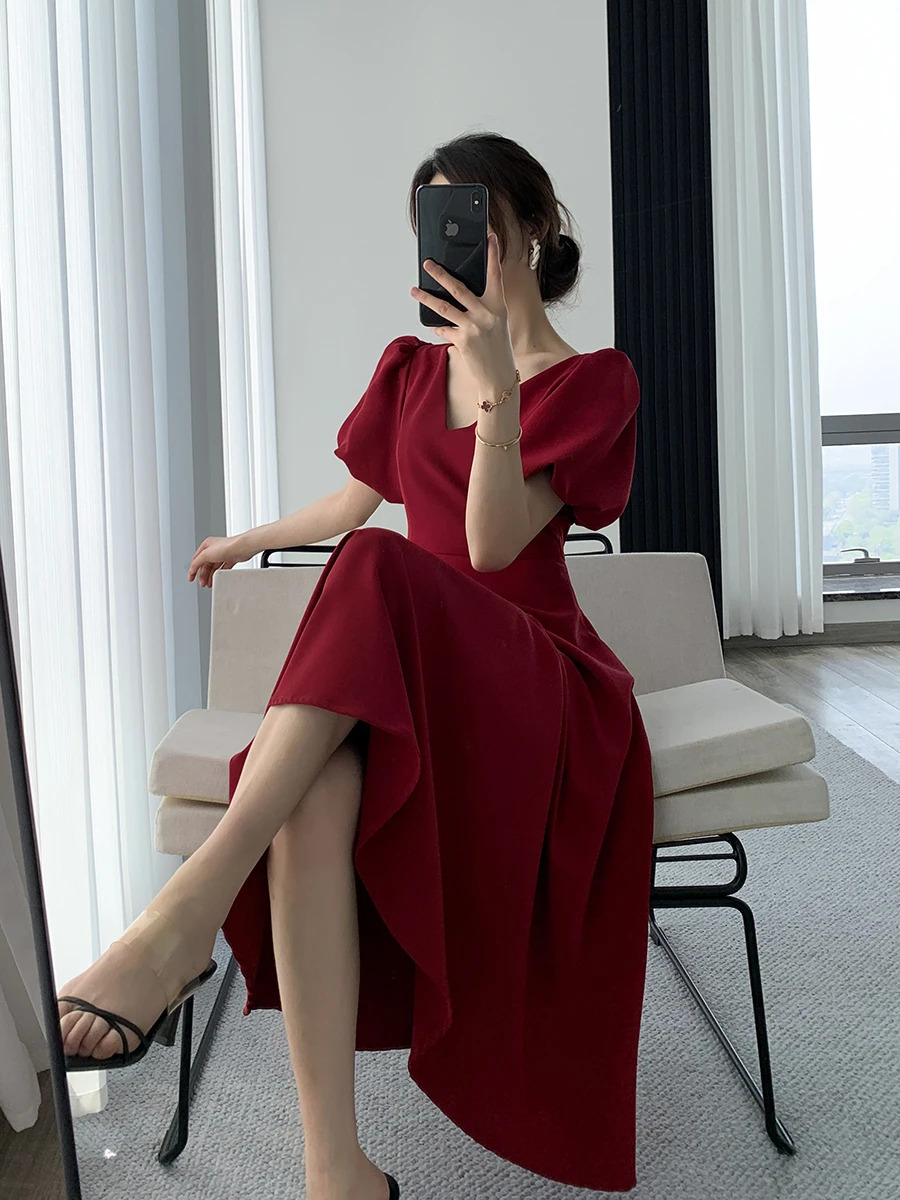 Summer New Elegant Midi Red Dress For Women 2022 Korean Solid A Line ...