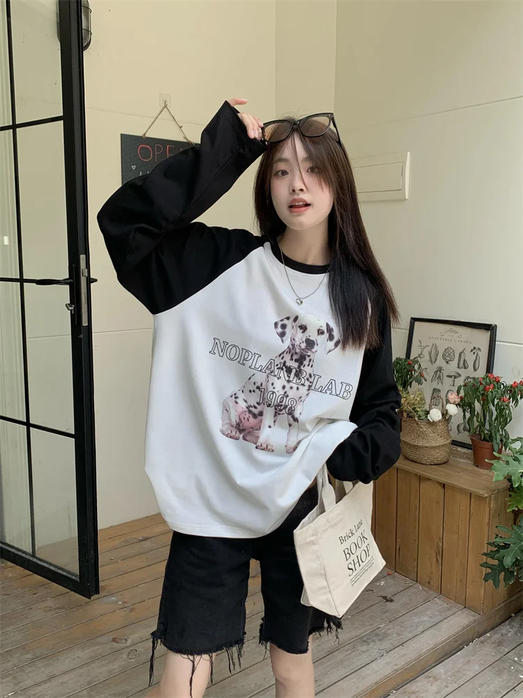 QWEEK Korean Style Print Long Sleeve Tees Women Harajuku Vintage Patchwork Pullover Sweatshirts ...