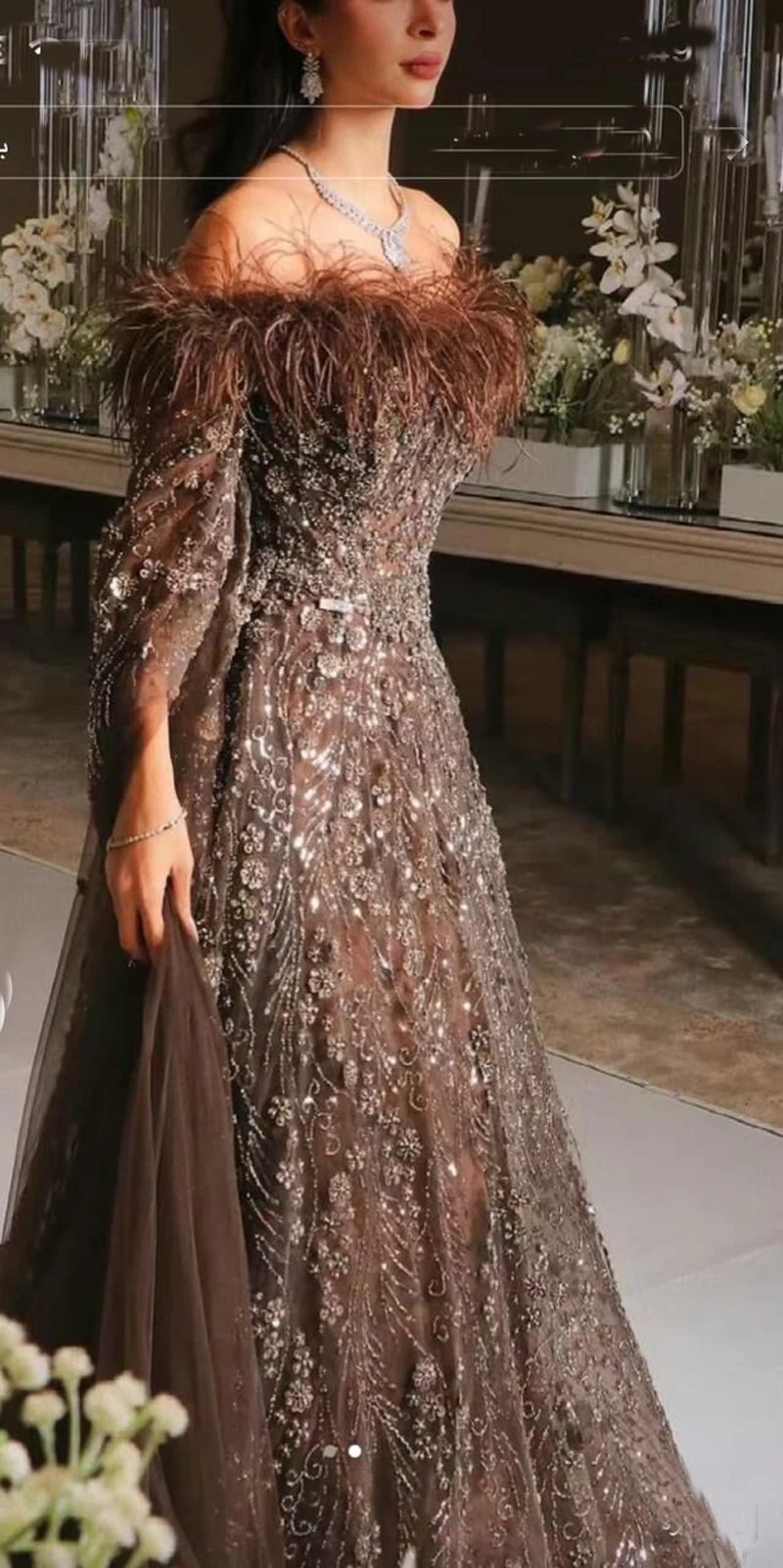 Boat-Neck-Long-Sleeves-with-Ostrich-Feather-Lace-Floor-Length-Elastic ...