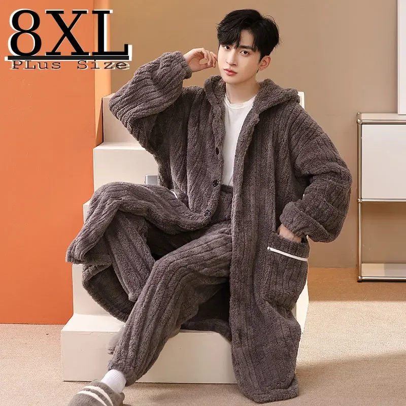 Men Coral Fleece Robe Set Winter Plus Size Kimono Thick Warm Bathrobe ...