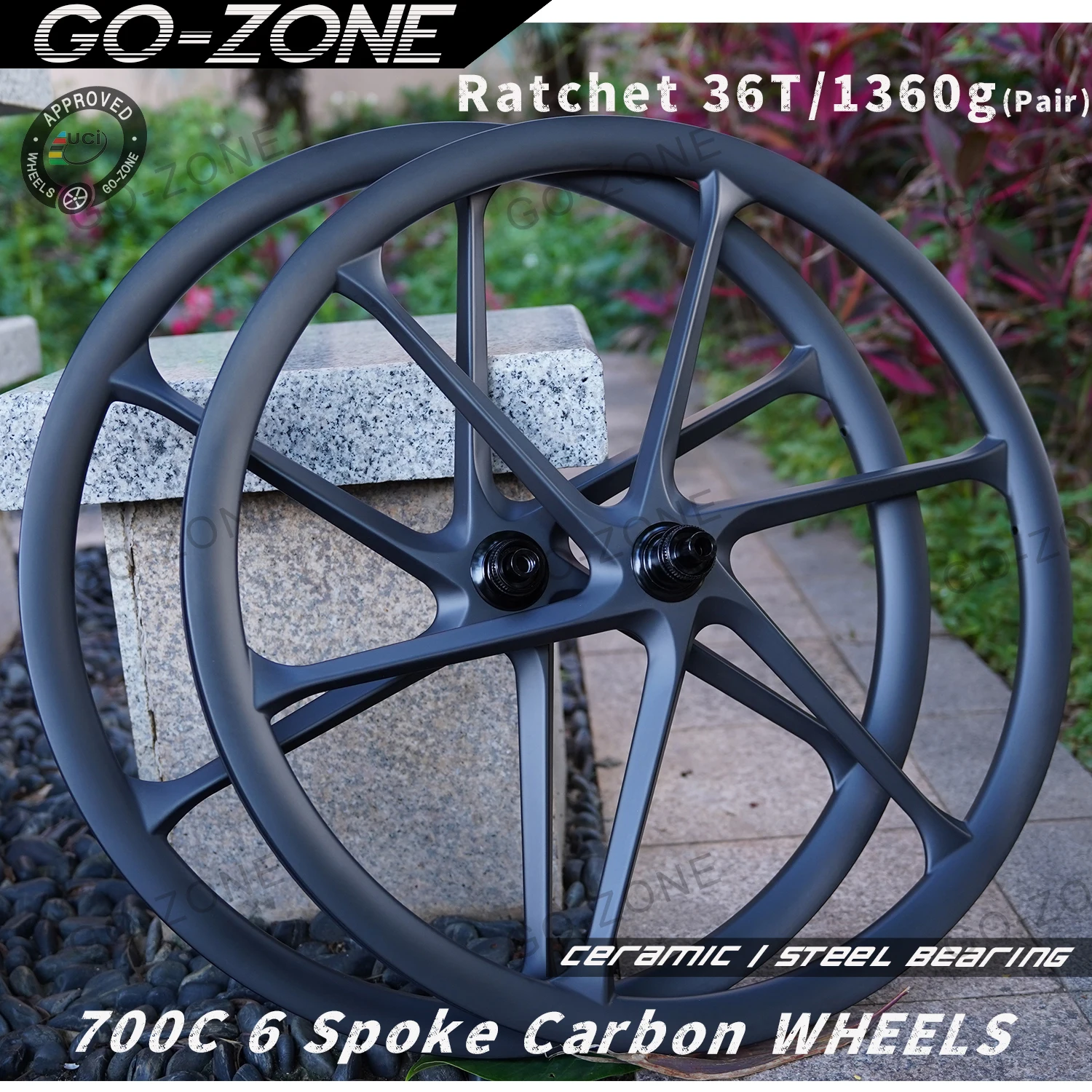 1360g 700c Light 6 Spoke Carbon Wheel Disc Brake Ratchet 36T Clincher ...