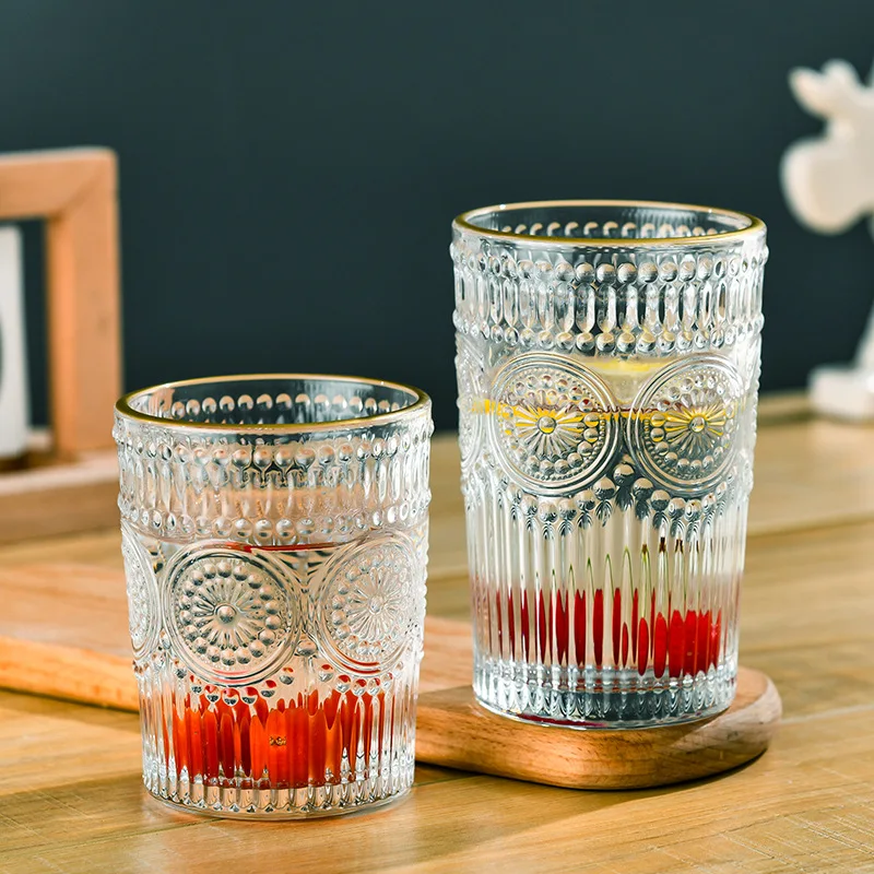 Nordic Cup with Golden Edge Vintage Sunflower Glass Cups Embossed Water ...