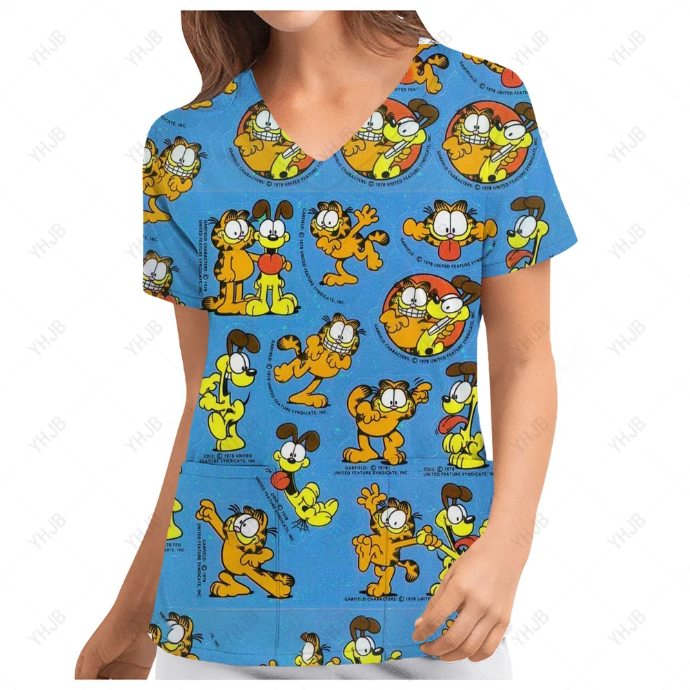 Garfield-Print-Nurse-Uniform-Women-Short-Sleeve-V-neck-Blouse-Shirt ...