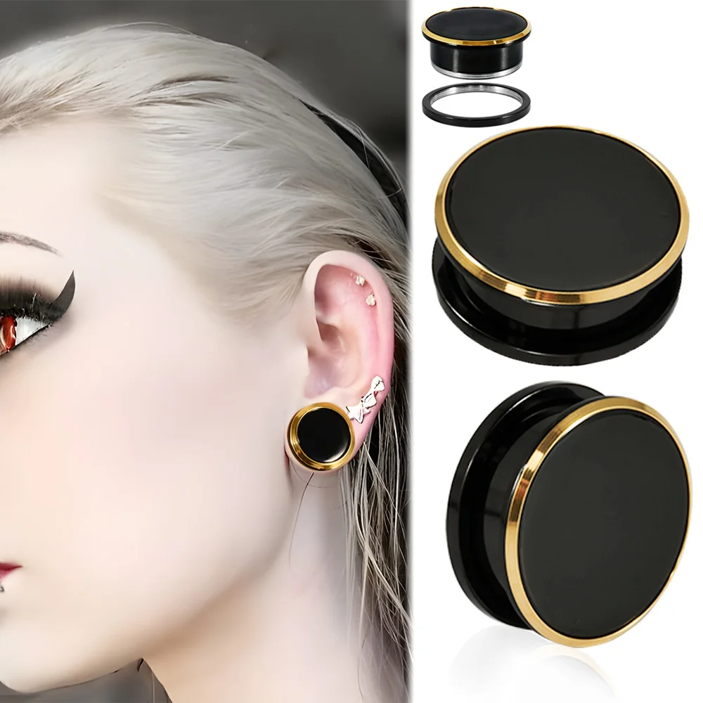 1/2PCS Golden Circle Black Plated Stainless Steel Pully Ear Plugs ...