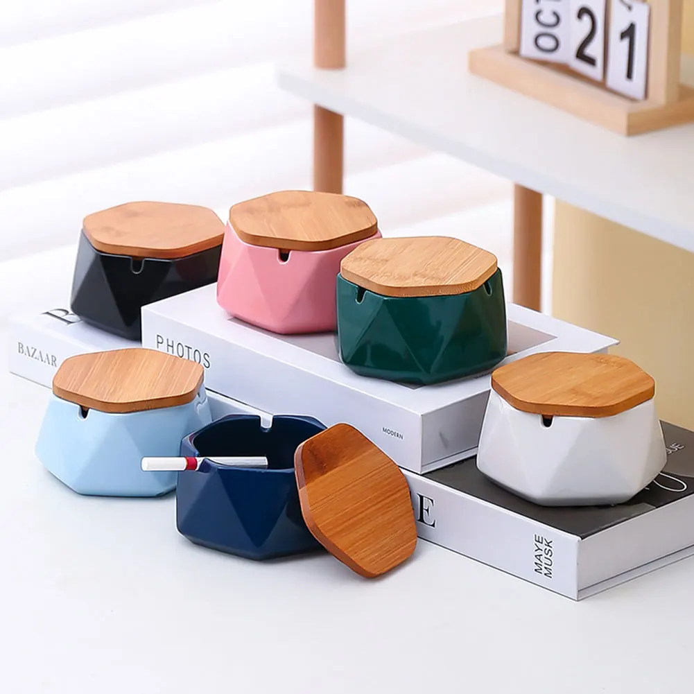 Modern Ceramics Ashtrays With Bamboo-Lid,Portable Ashtrays Tray,Home ...