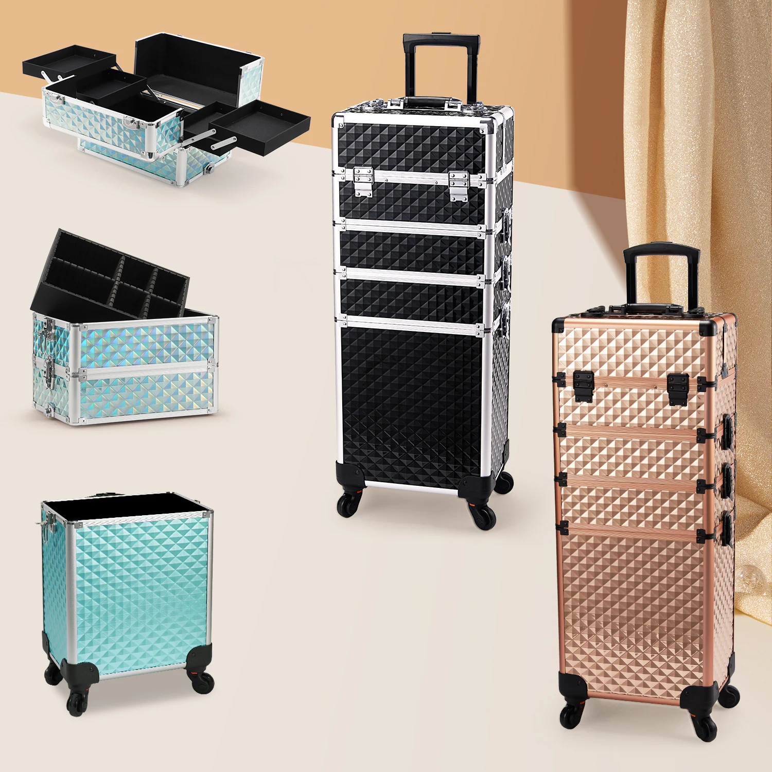 Rolling Makeup Train Case Cosmetic Trolley 4 in 1 Large Capacity Makeup ...
