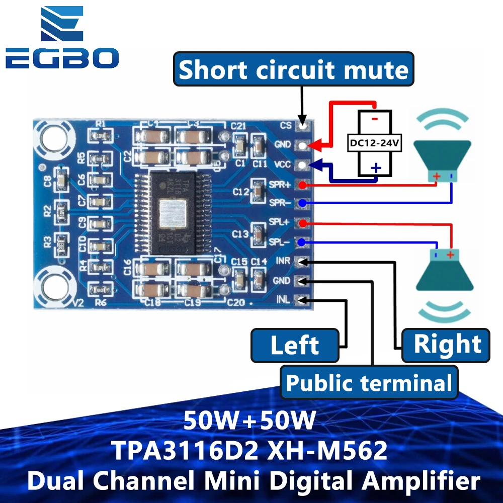 1PCS DC 12V 24V 2x50W 듀얼 채널 미니 디지털 앰프 D 클래스 50W + 50W TPA3116D2 XH M562 앰프 50W 전력 증폭기 보드 ...