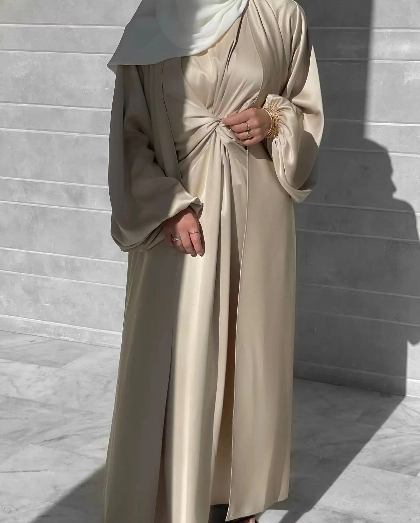 Muslim Satin Abaya 2 Piece Set Hijab Wrap Dress+Open Abayas Kimono ...