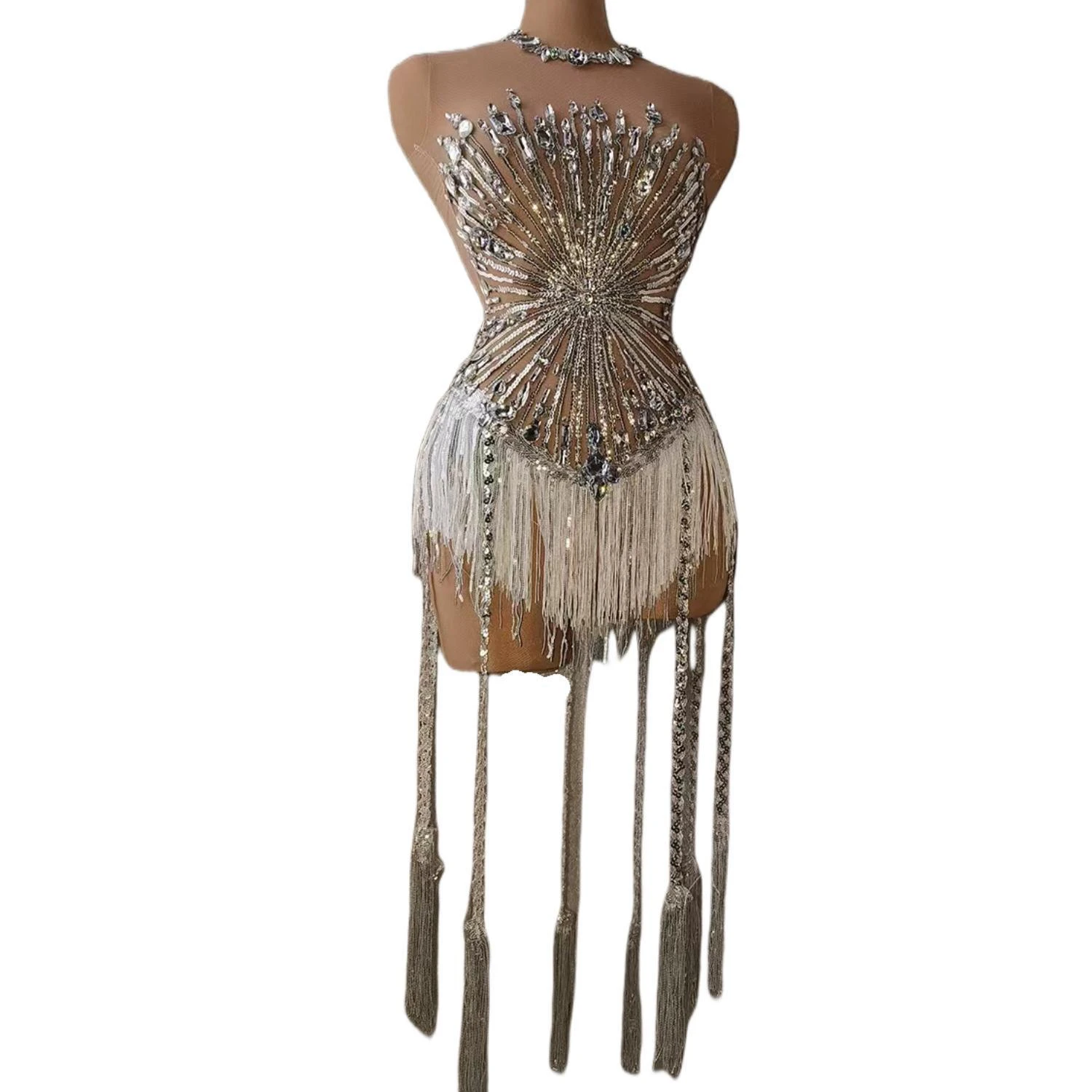 Sexy Rhinestone Crystal Bodysuit Women Big Stretch Tassel Club Prom ...