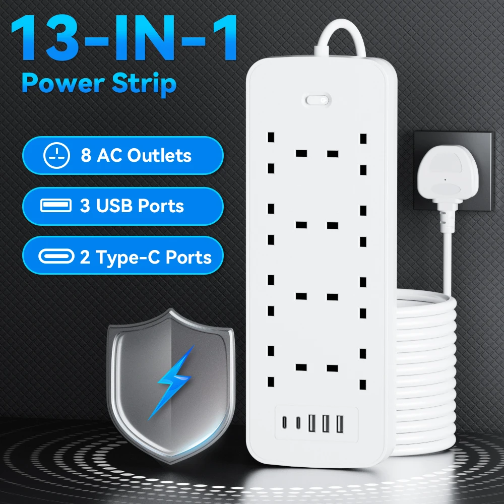 A 13-in-1 Uk Standard Power Socket Strip with Overload Protection ...