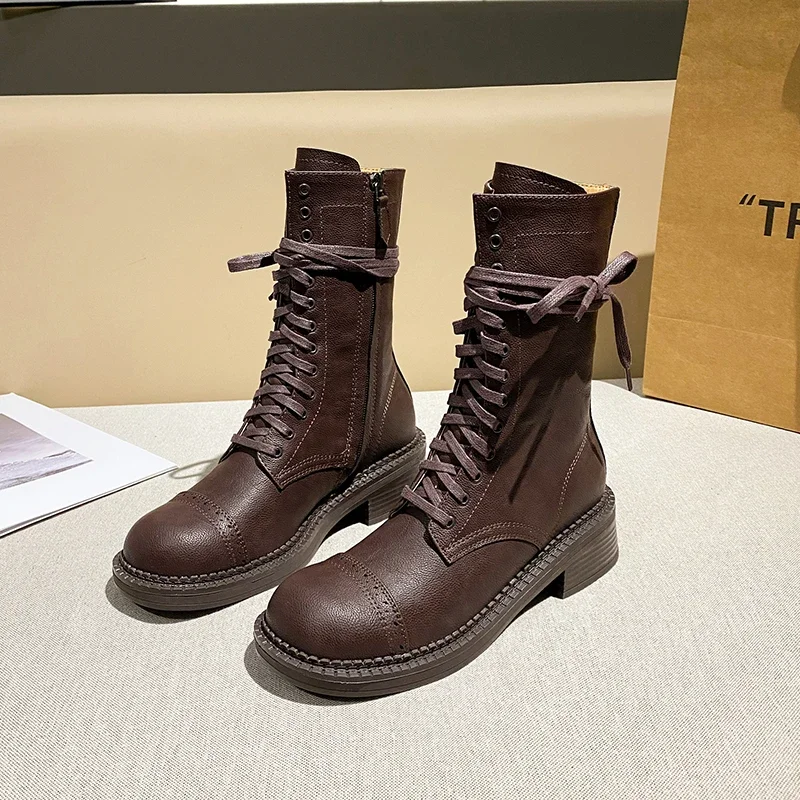 Boots Women 2025 New Fall Vintage Ladies Boots British Style Lace-up ...