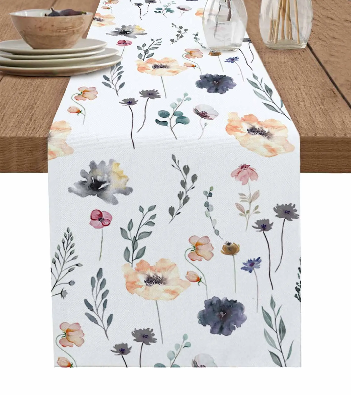Watercolor-Flowers-Plants-Table-Runner-Holiday-Kitchen-Coffee ...