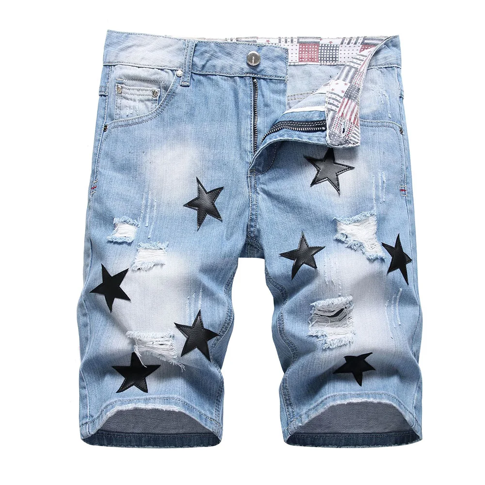 Men-Black-Leather-Stars-Patches-Denim-Shorts-Summer-Slim-Straight-Jeans-Holes-Ripped-Blue-Cotton ...