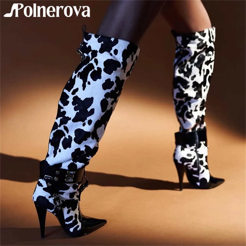 Cow Print Boots Faux Pony Hair Black Patent Leather Knee High Boots ...