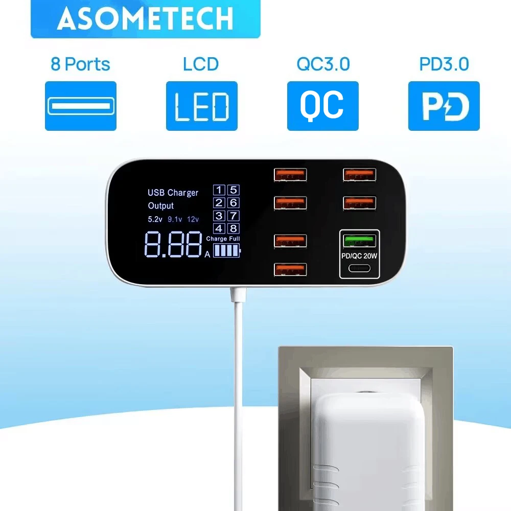 ASOMETECH-8-Port-Desktop-USB-Charger-Station-With-LED-Display-QC3-0-PD3 ...