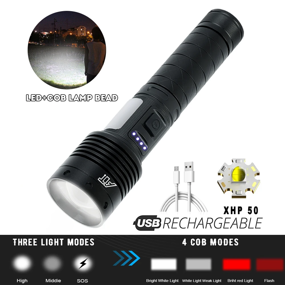 Xhp50 Led Zseblámpa Erőteljes Vízálló 18650 Fáklya Oldalsó Lámpa 7 ...