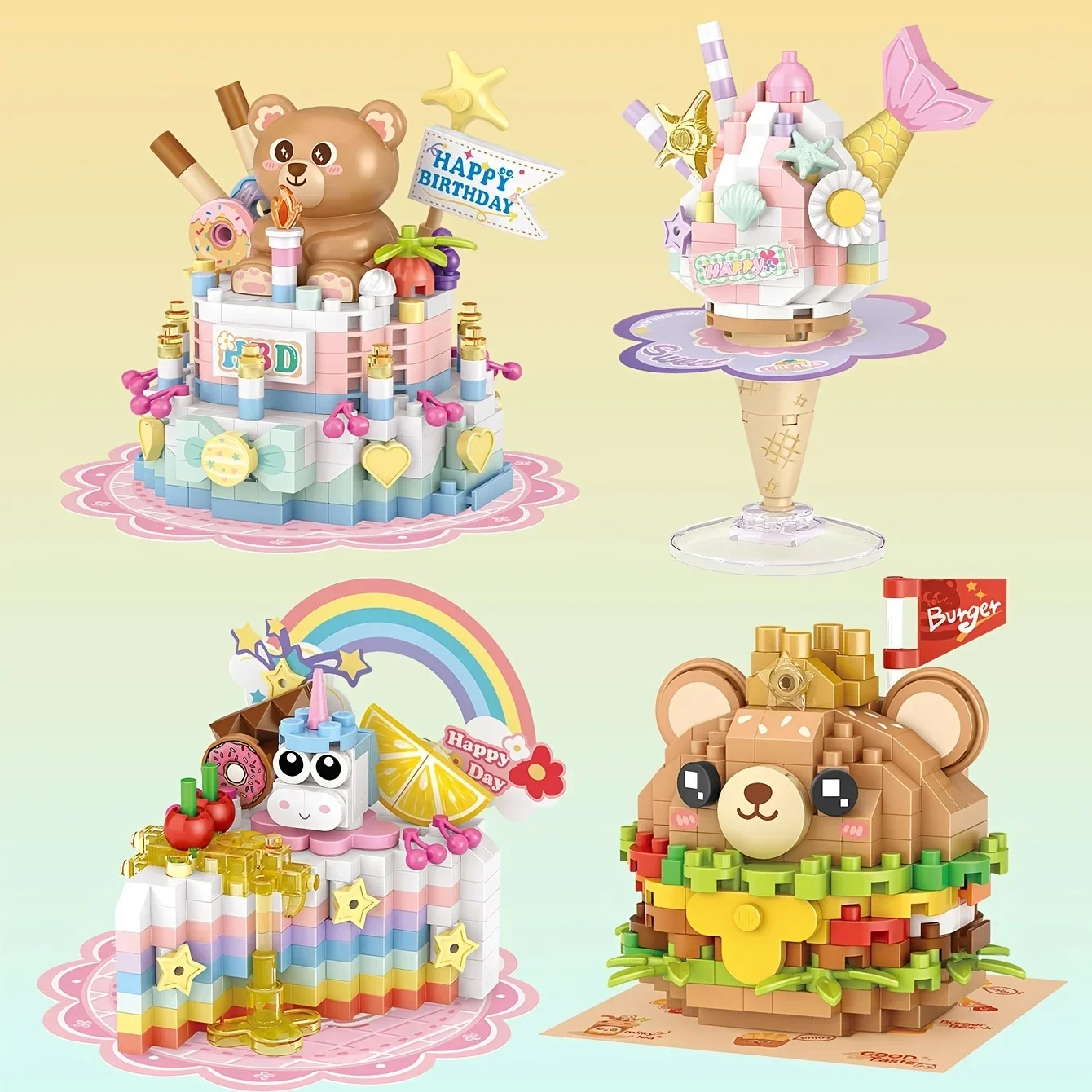 Cute Bear Cake Ice Cream Burger Desktop Decoration, Building Blocks ...