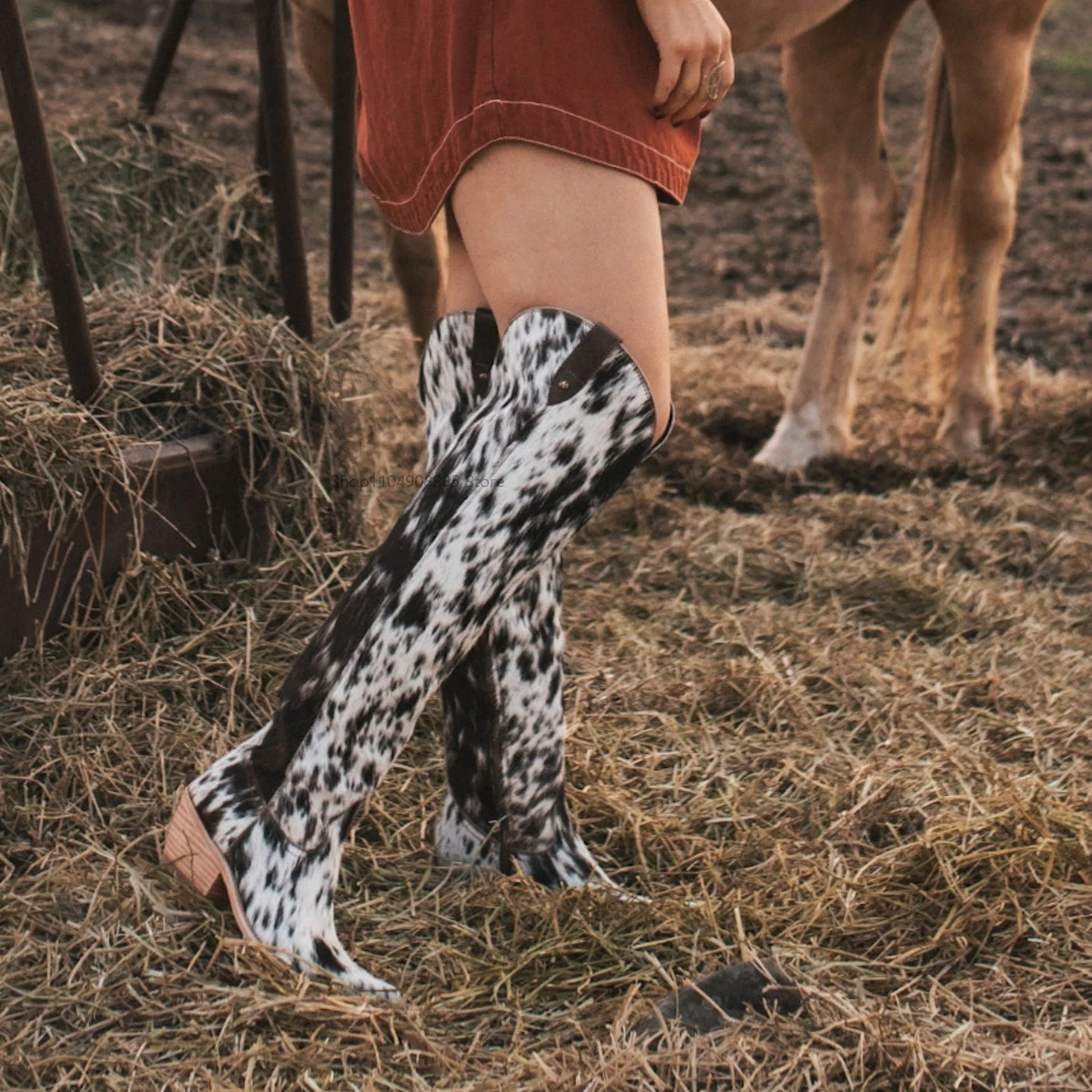 Leopard Print Imitation Horse Hair Over The Knee Western Boots 2025 ...