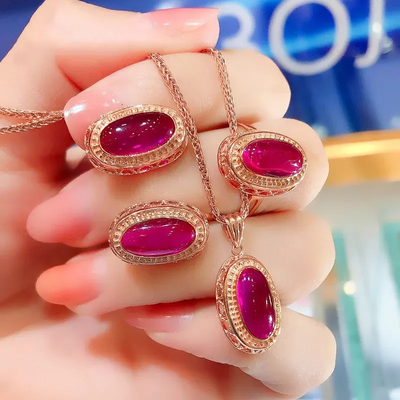 Plated 14K Rose Gold Palace Style Exquisite Ruby Jewelry Sets Light ...