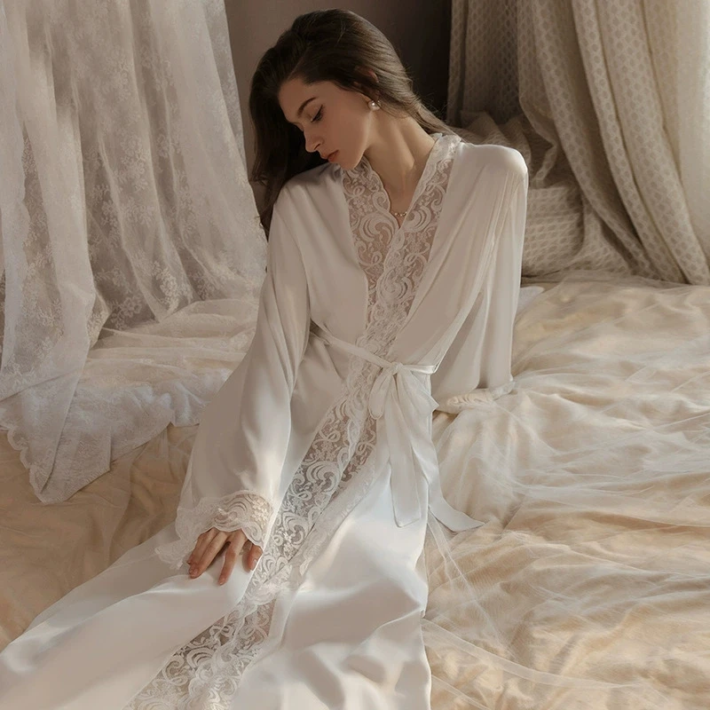 Bride Wedding Robe Dress White Silky Satin Long Kimono Bathrobe Gown ...