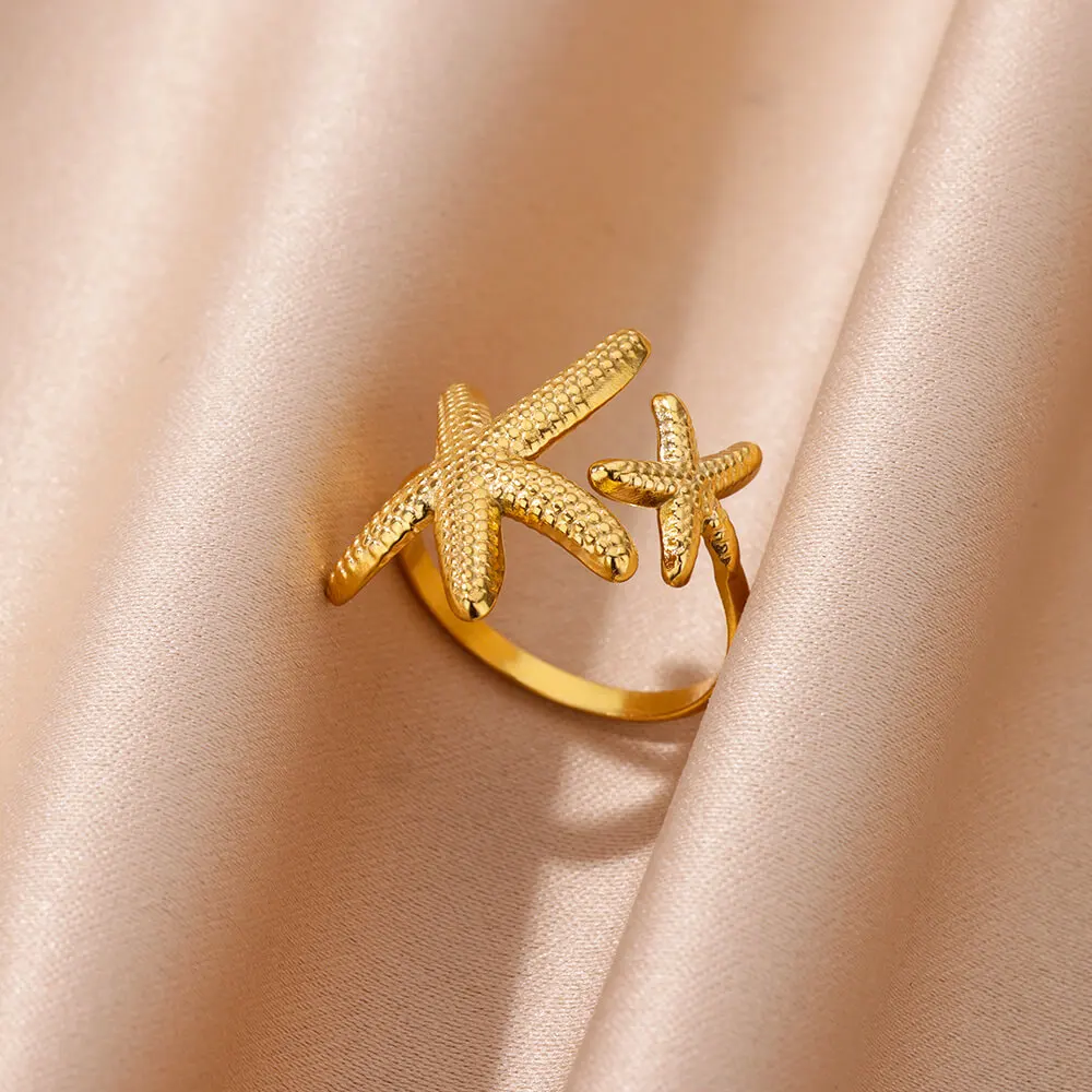 Gold-Color-Double-Starfish-Rings-For-Women-Stainless-Steel-Pentagram-Star-Ring-Open-Adjustable ...