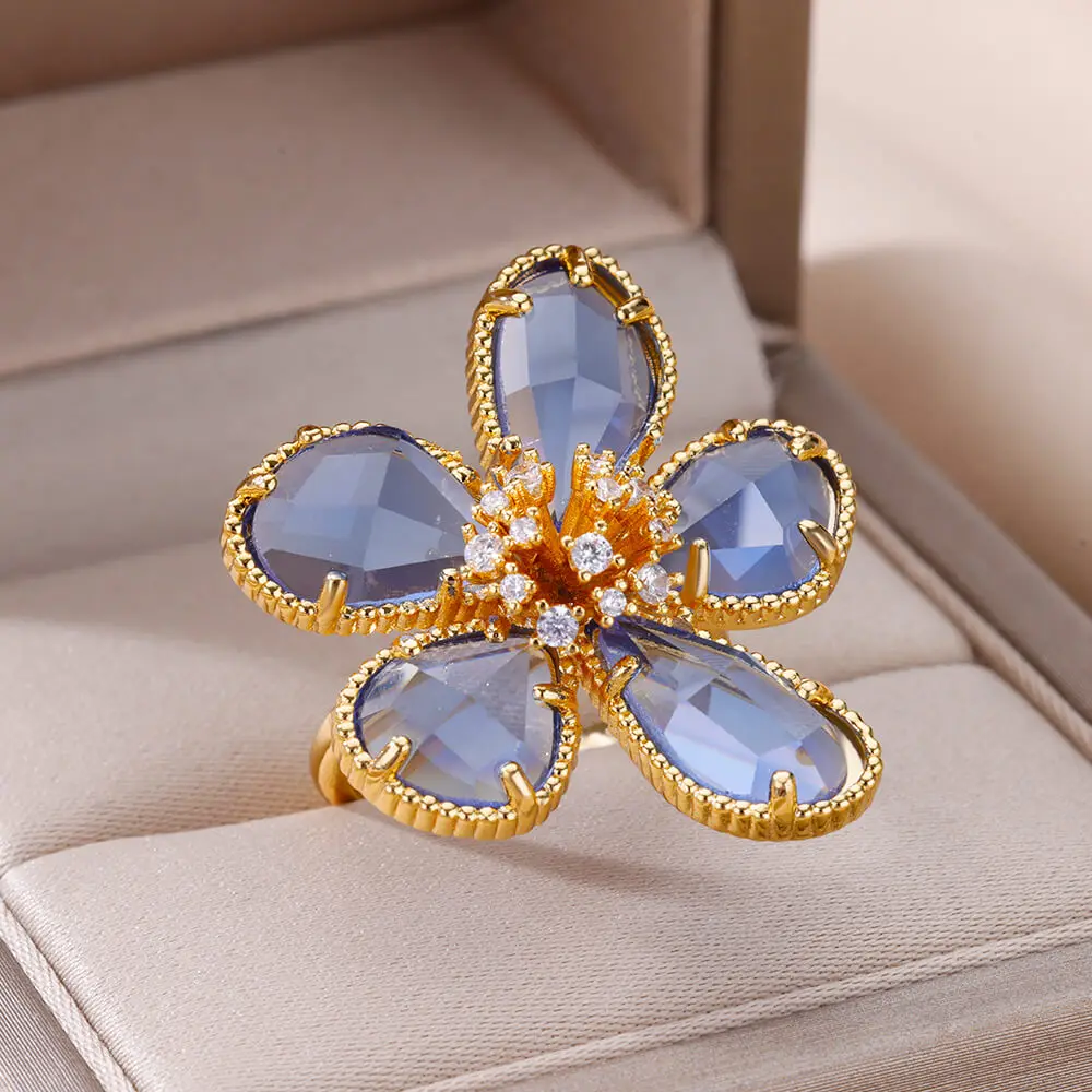 Trendy Large Petal Flower Rings For Women Stainless Steel Gold Color ...