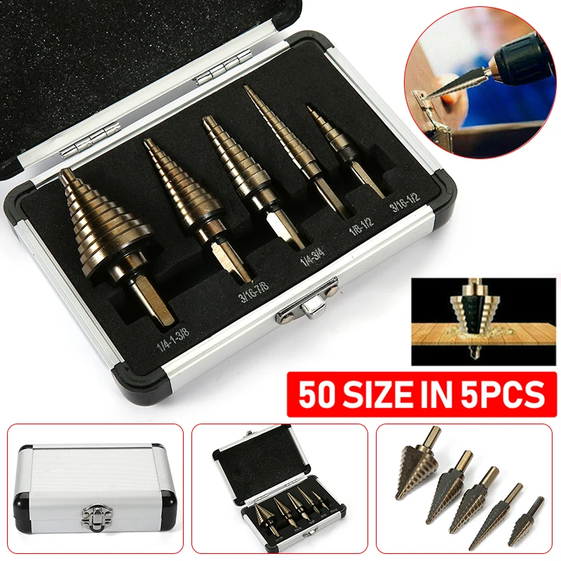 5Pcs-Step-Cone-Drill-Bit-Large-Titanium-HSS-Drill-Hole-Cutter-Bit-Set ...