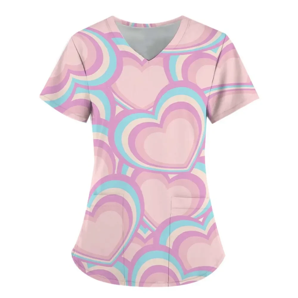 Women Working Uniform Smile Heart Print Short Sleeve V-Neck Pocket ...