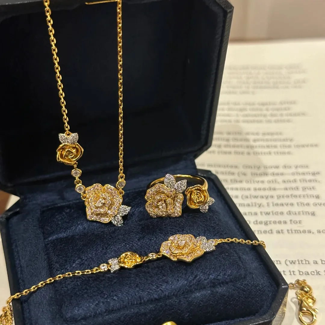 French Retro Gold Color Double Rose Flowers Design Inlaid with Full ...