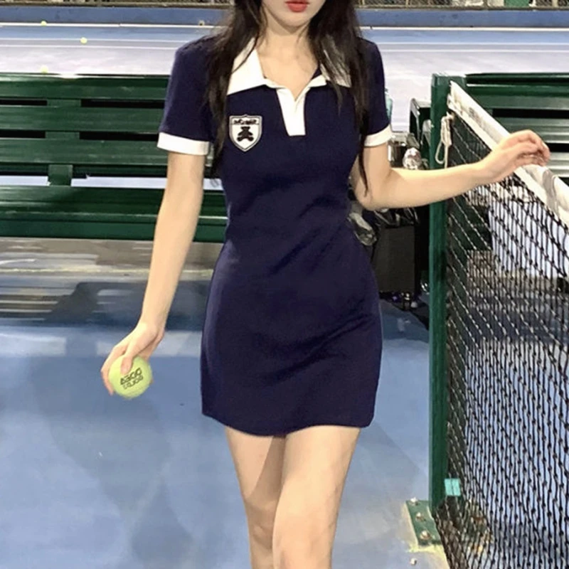 새로운 한국 스타일 여성 핫 소녀 스타일 허리 포옹 슬리밍 대비 컬러 폴로 칼라 수 놓은 칼집 반팔 드레스 여름 2022