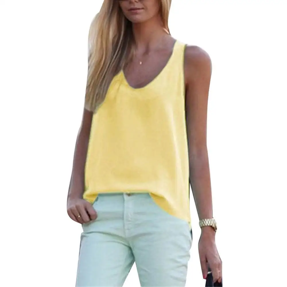 Solid Color Tank Top Women Round Neck Sleeveless Chiffon Blouse Summer ...